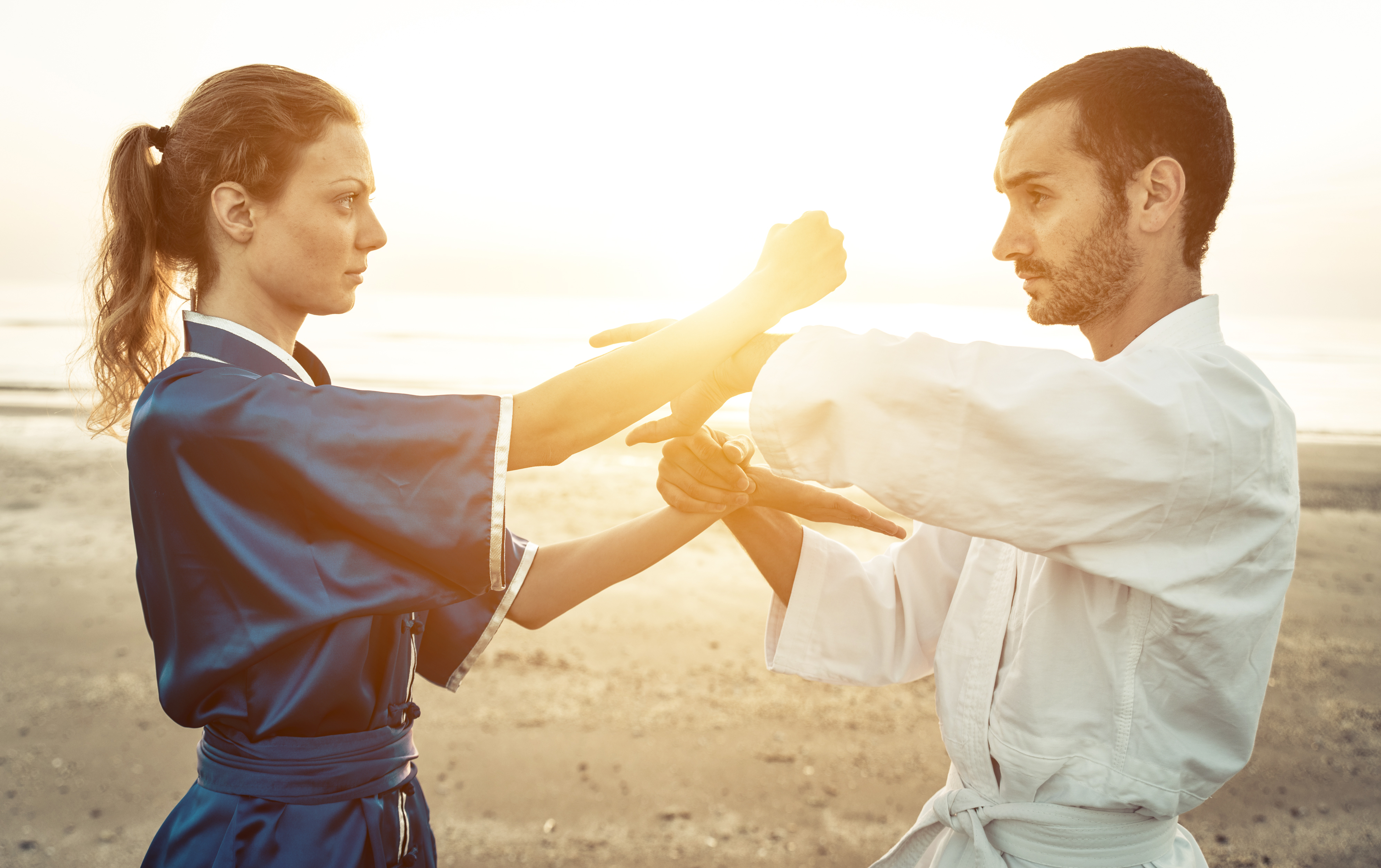 couple of martial artists training on the beach at sunrise - Fence